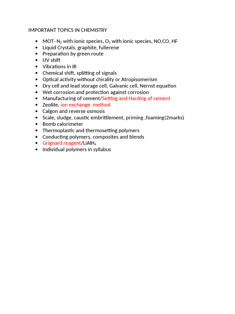 IMPORTANT Topics in Chemistry | PDF