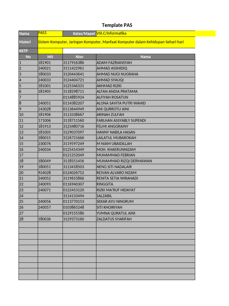 Template PAS VIII.C Informatika | PDF