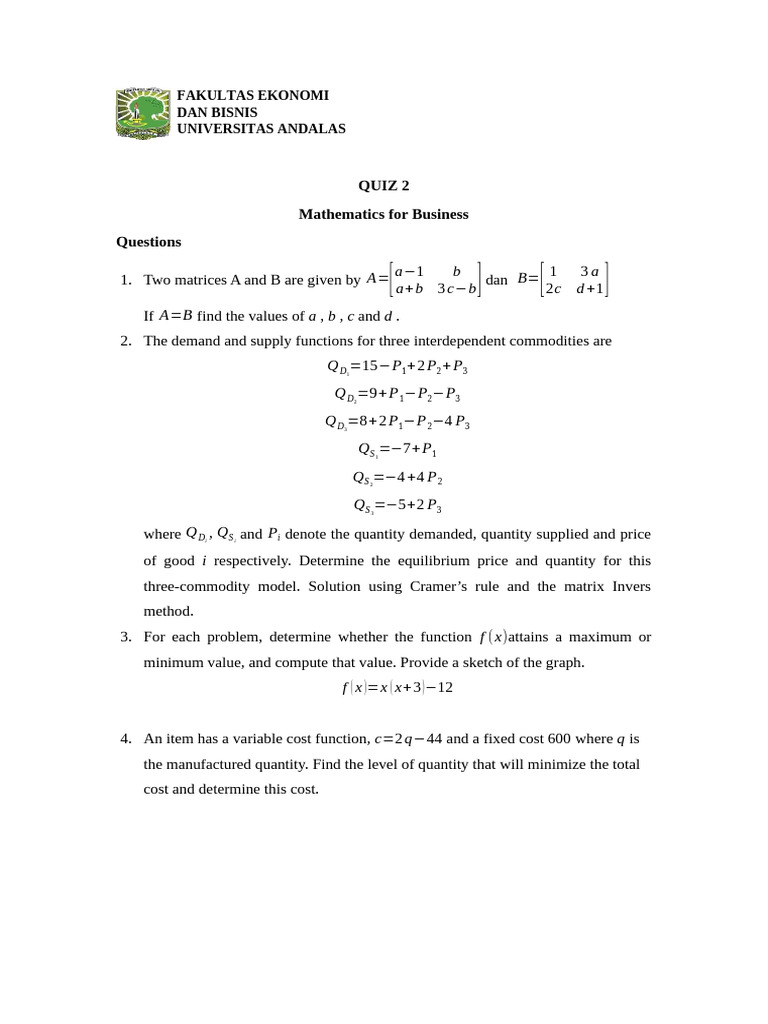 Business Math Quiz: Equilibrium & Optimization | PDF