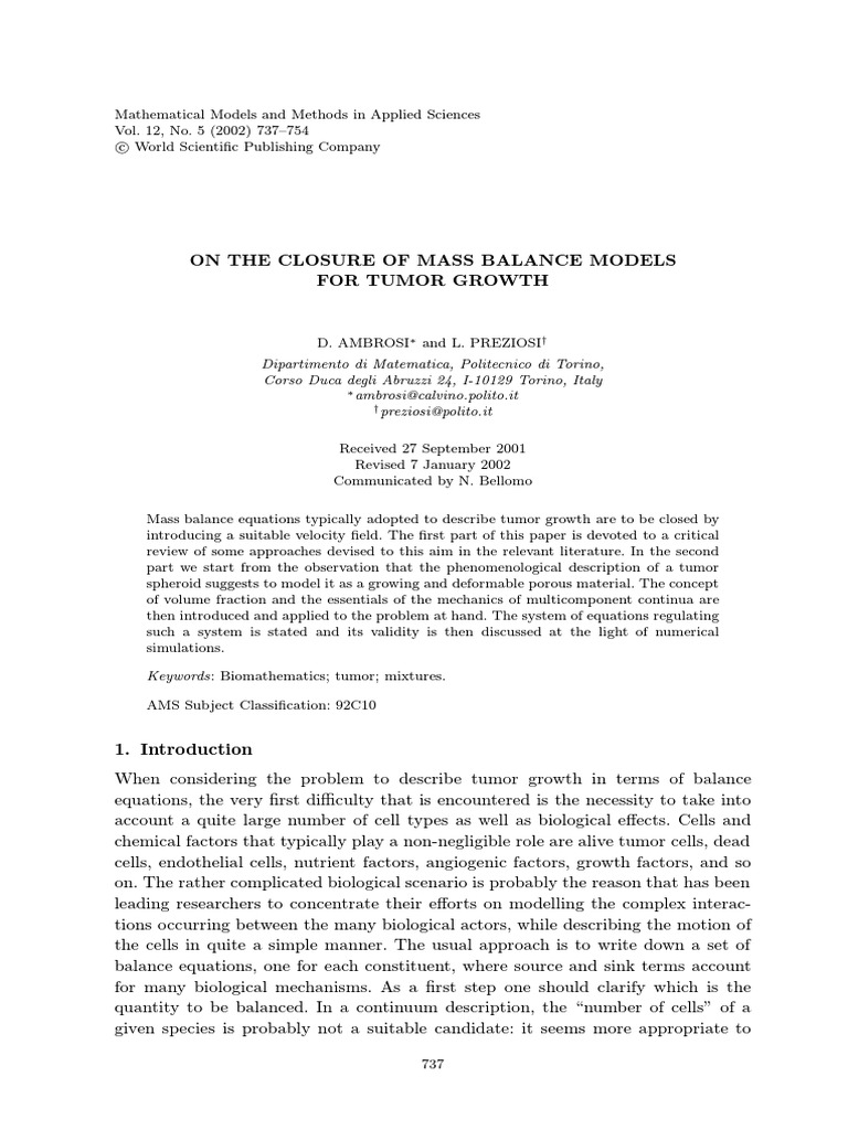 Tumor Growth Mass Balance Models | PDF | Diffusion | Continuum Mechanics