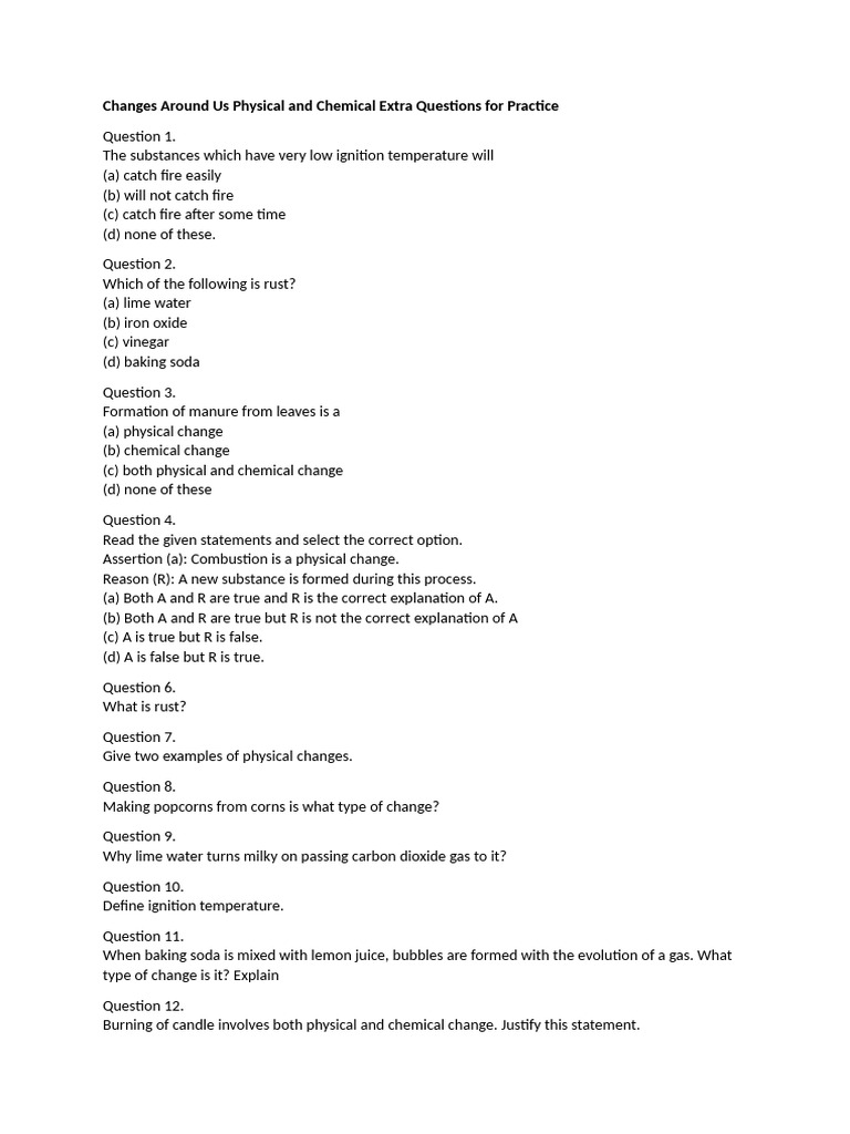 Physical and Chemical Changes Practice Questions | PDF | Combustion | Fires