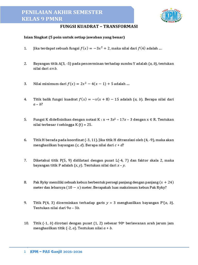Penilaian Akhir Semester Kelas 9 PMNR | PDF