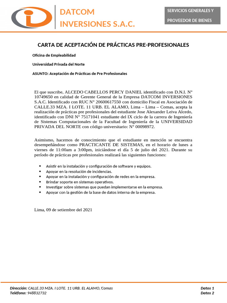 Aceptación de Prácticas en DATCOM S.A.C. | PDF