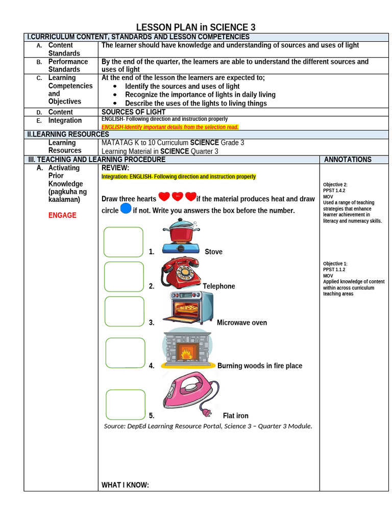 Grade 3 Science Lesson on Light Sources | PDF | Learning | Light
