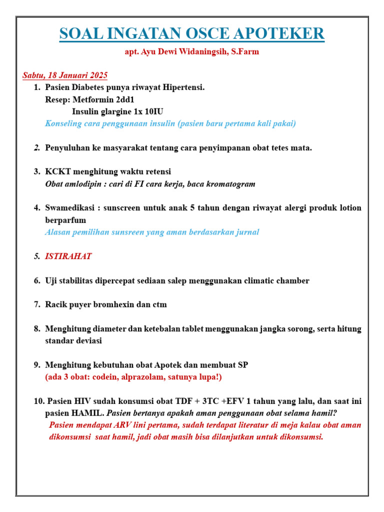 Soal Ingatan Osce Apoteker Januari 2025 | PDF