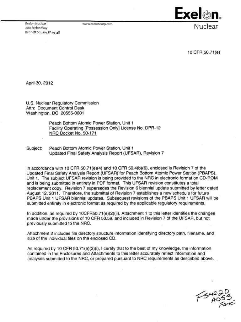 Peach Bottom Atomic Power Station, Unit 1 Updated Final Safety Analysis ...