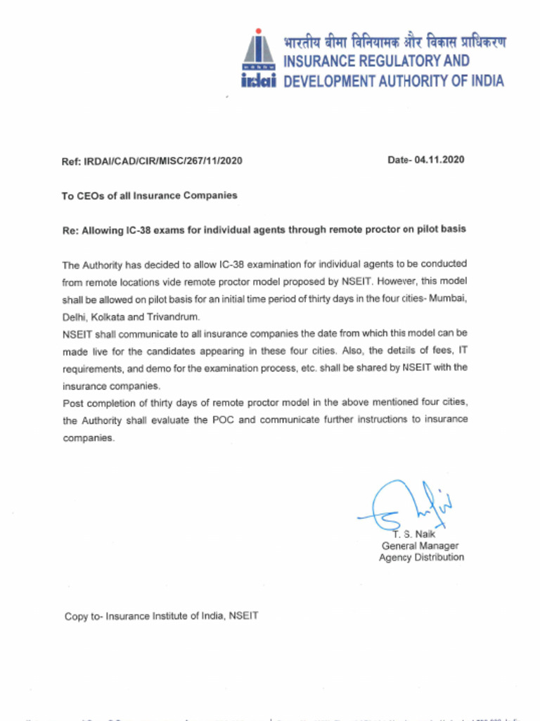 Allowing IC-38 Exams for Individual Agents Through Remote Proctor on ...