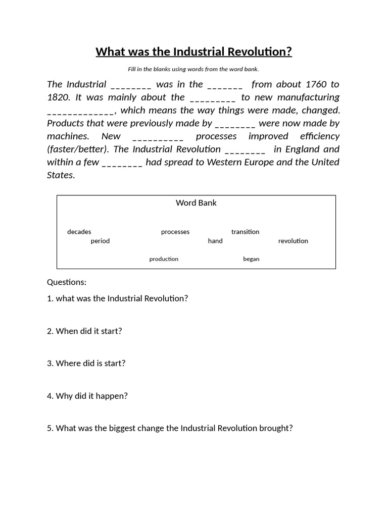 What Was The Industrial Revolution Worksheet | PDF