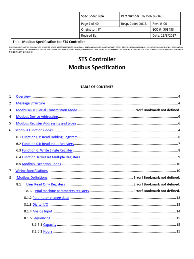STS Controller Modbus Specification: Sullair Corporation | PDF ...