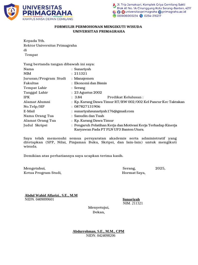Form Permohonan Mengikuti Wisuda 2025 (1) | PDF