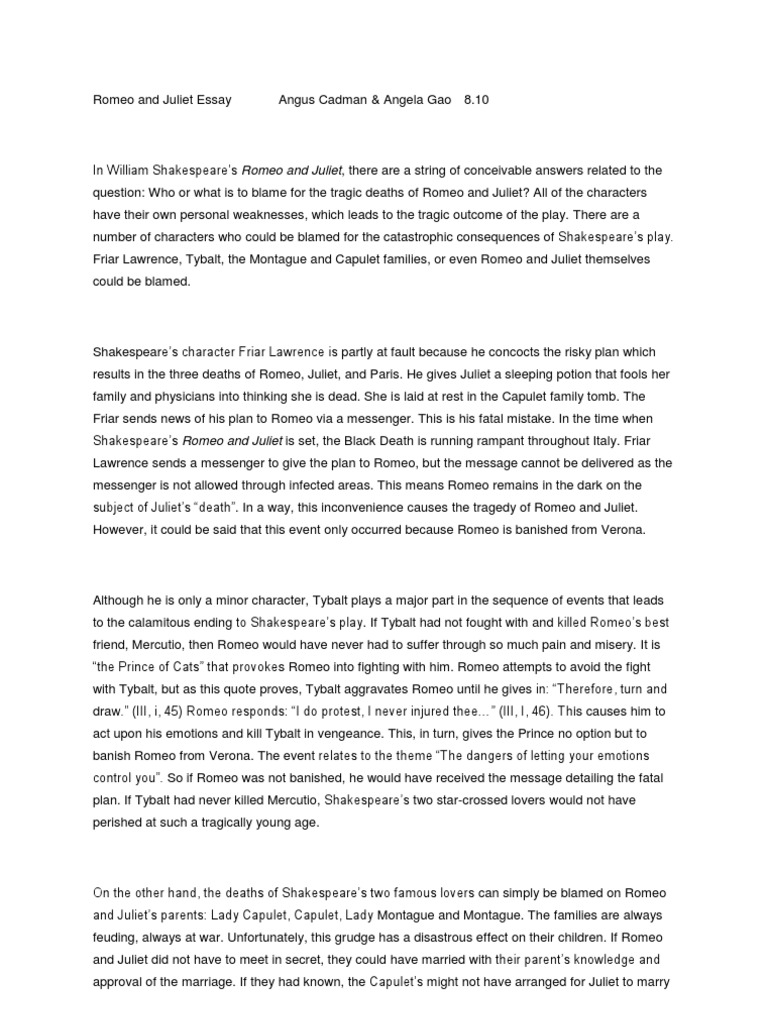 Romeo and Juliet Essay FINAL | PDF | Characters In Romeo And Juliet ...