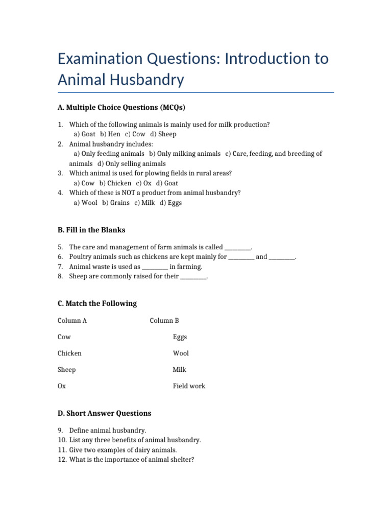 Animal Husbandry Exam Questions Guide | PDF