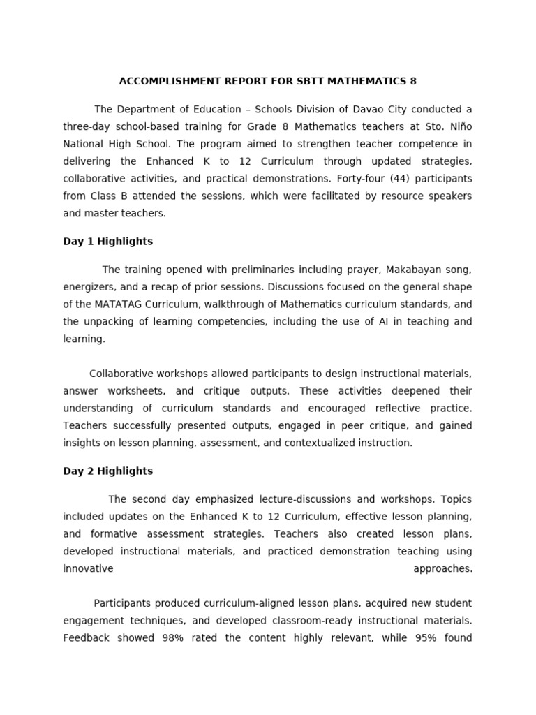 Narrative Report MATATAG Training | PDF | Teachers | Curriculum