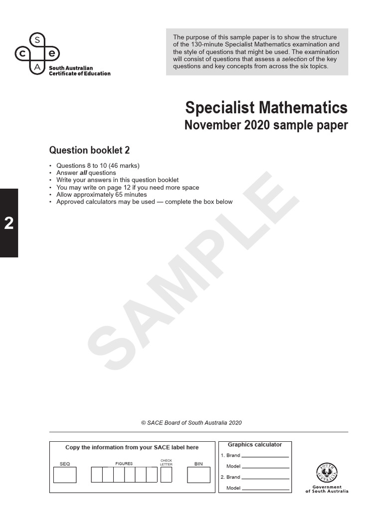 Specialist Mathematics - 2020 November Sample Paper - Book 2 | PDF ...