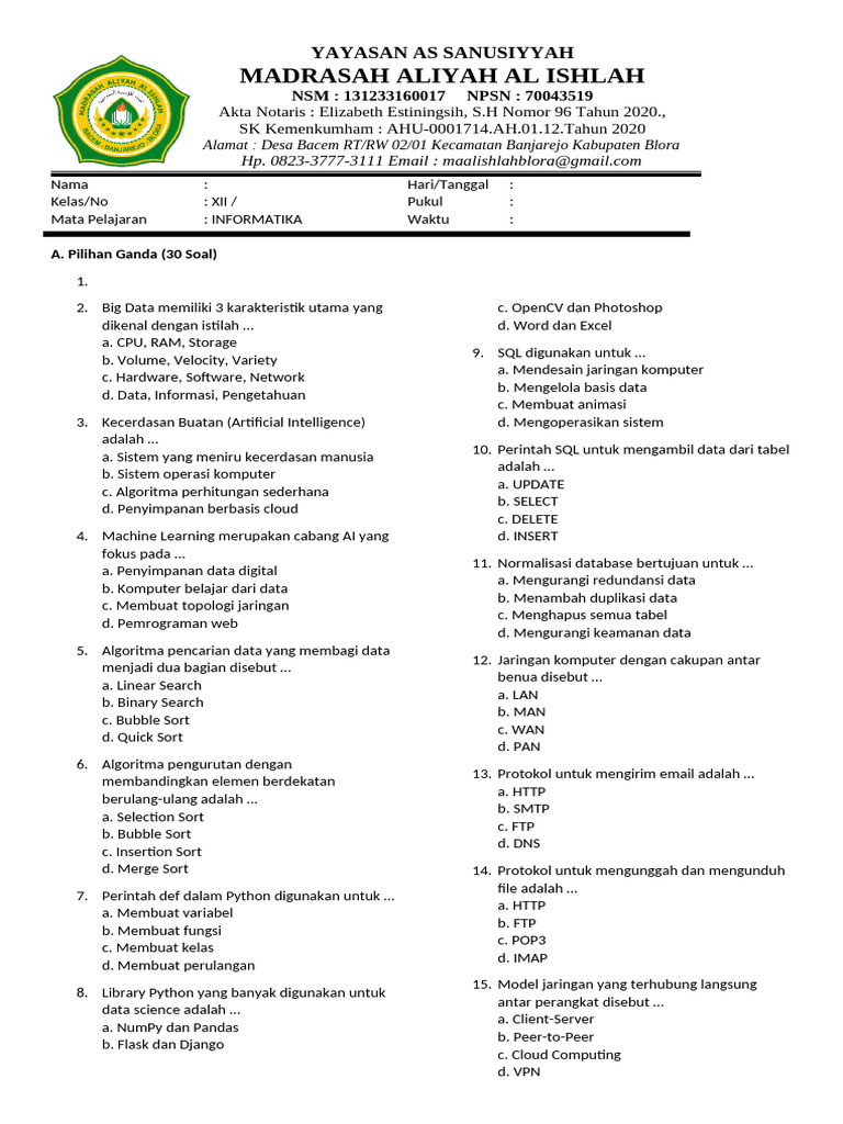 Asts Informatika Kls 12 Semester 1 | PDF
