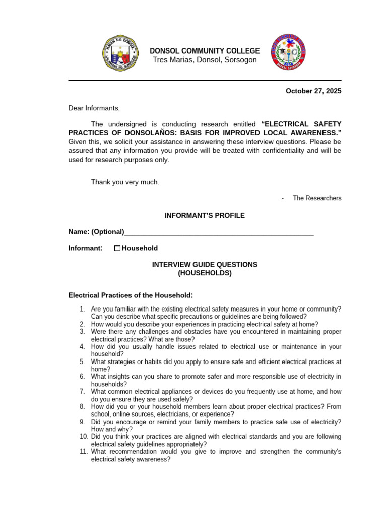 Electrical Safety Practices Survey Donsol | PDF