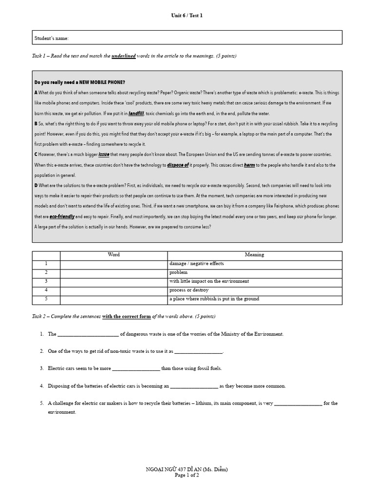Unit 6 - Vocab Test 1 (Students) | PDF | Electronic Waste | Waste
