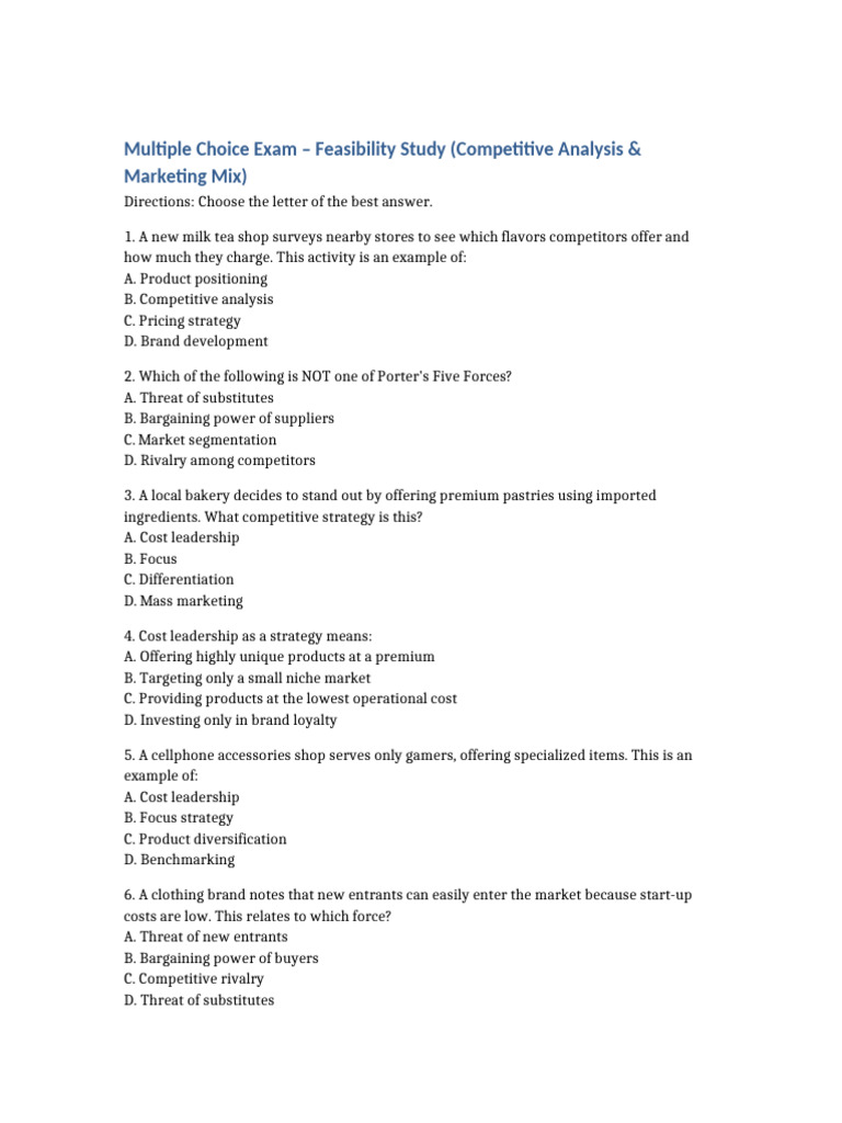 Feasibility Study Exam: Marketing Strategies | PDF | Pricing | Brand
