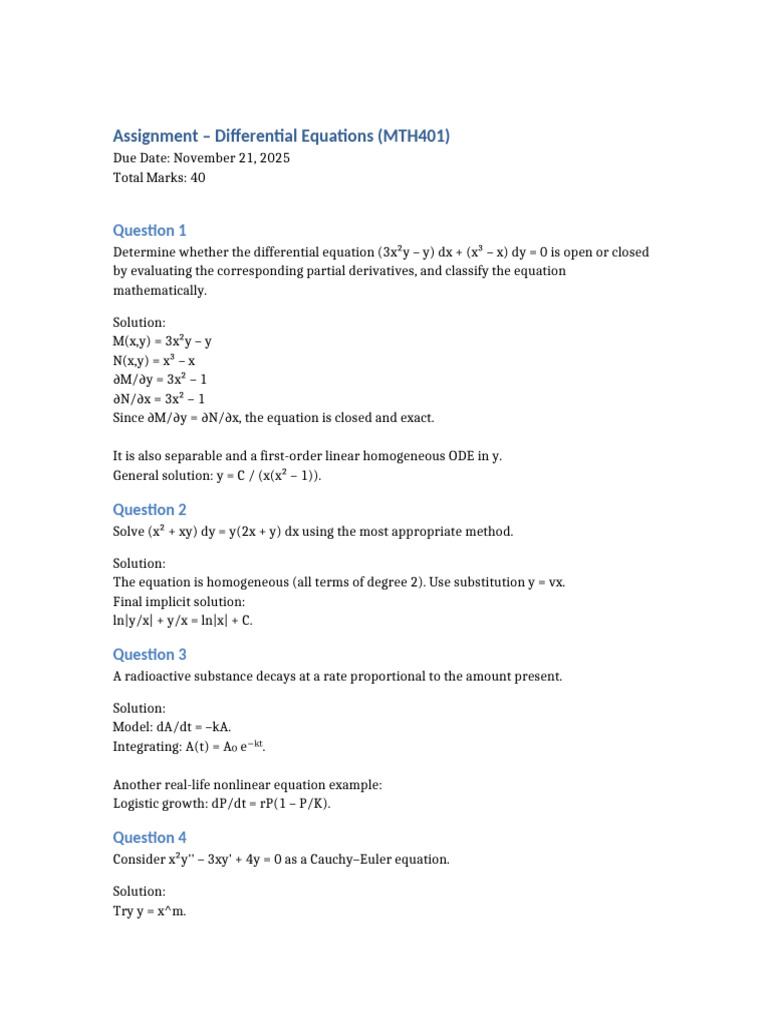Differential Equations Assignment MTH401 | PDF