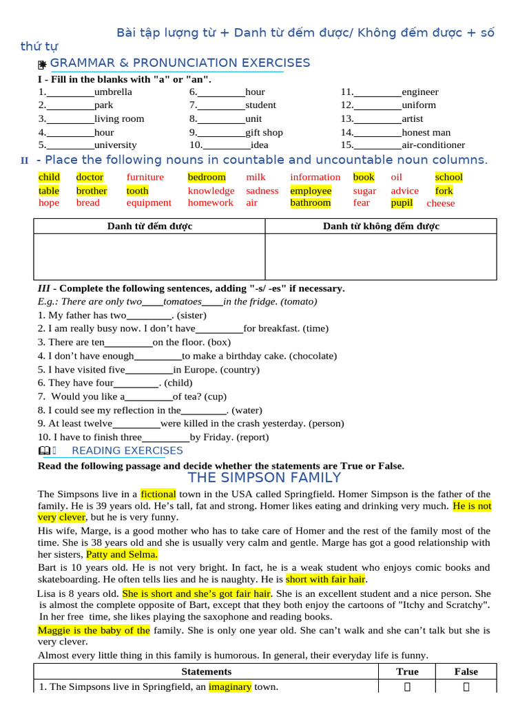 Grammar Exercises: Countable & Uncountable Nouns | PDF | Bart Simpson ...