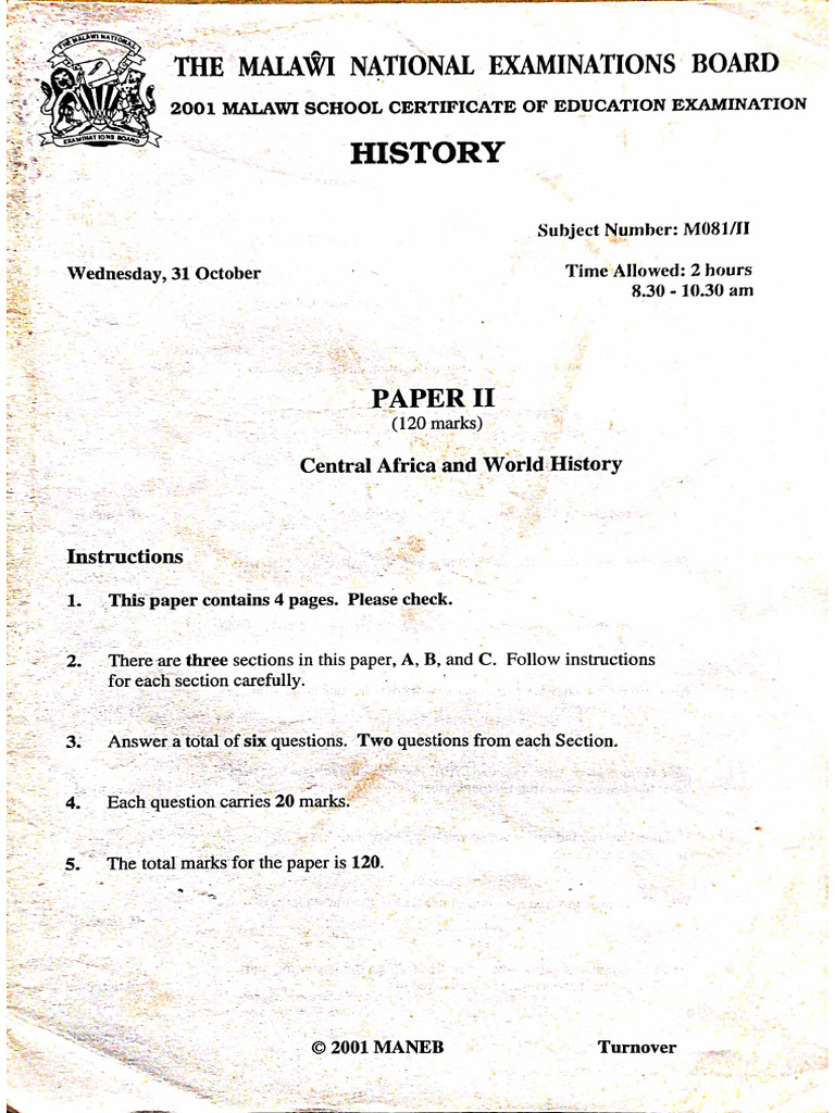 2001 Maneb History Paper 2 | PDF
