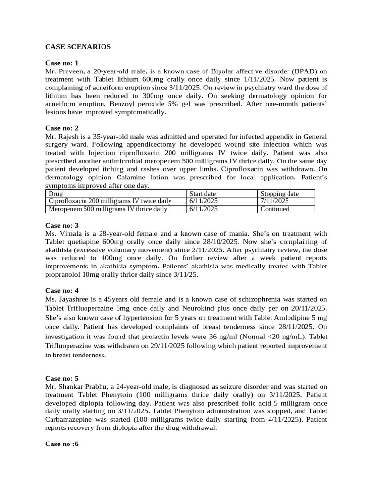 Pharmacovigilance CASE SCENARIOS | PDF | Bipolar Disorder | Drugs