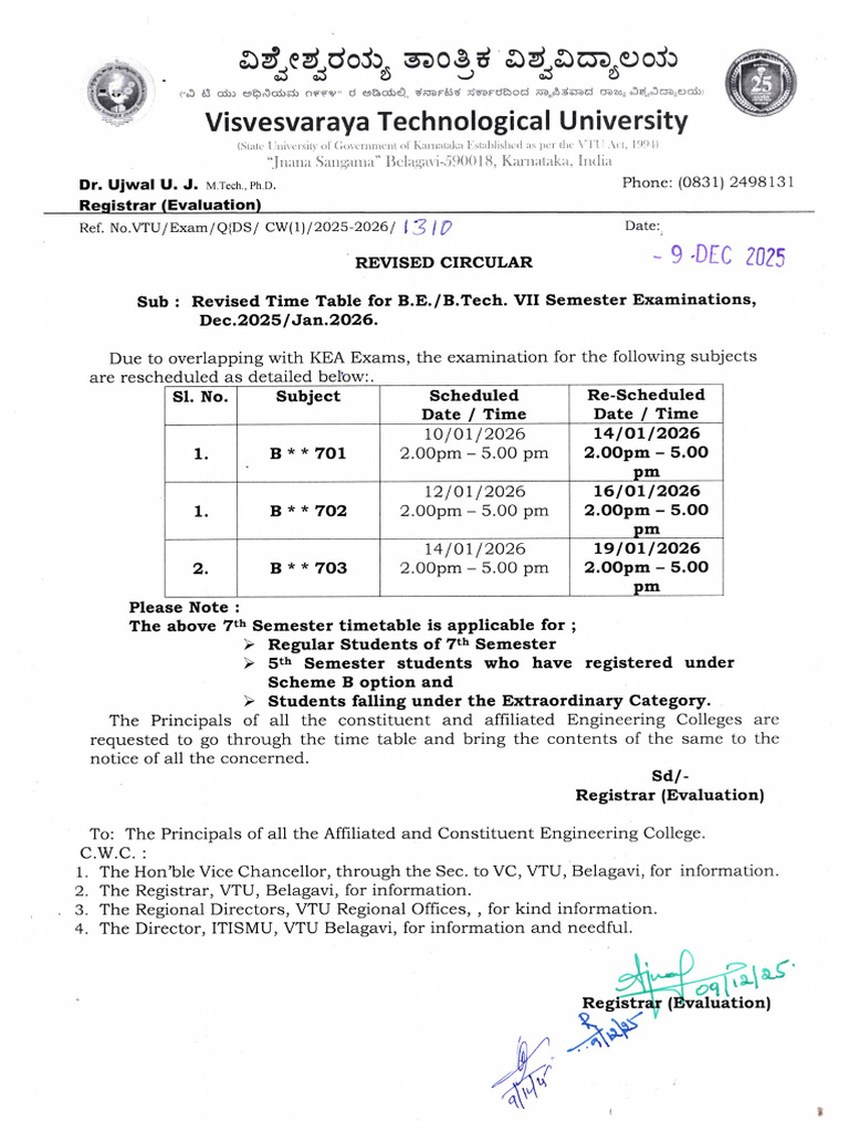 Revised Time Table For Seventh Sem | PDF
