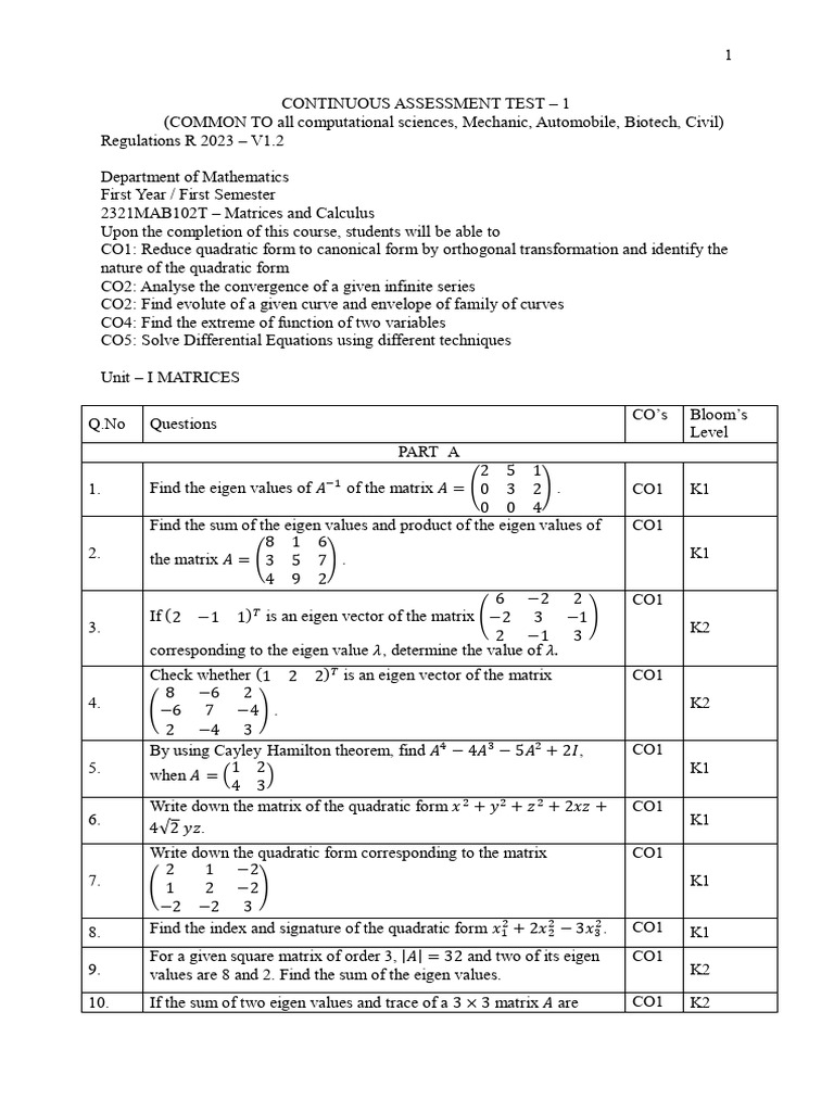 2321mab102t - Question Bank Cat 1 Matrices and Calculus I Year | PDF | Matrix (Mathematics ...