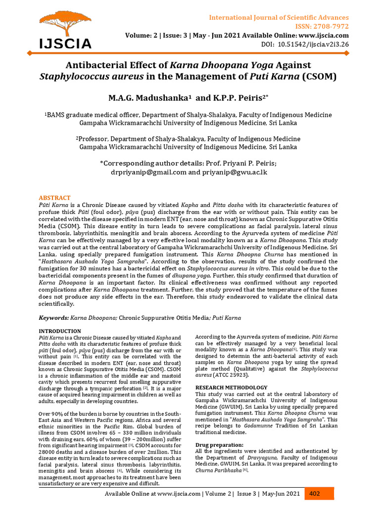 Antibacterial Effect of Karna Dhoopana Yoga Against Staphylococcus ...