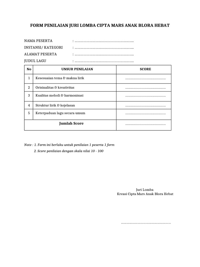 Form Penilaian Juri Lomba Cipta Mars Anak Blora Hebat | PDF