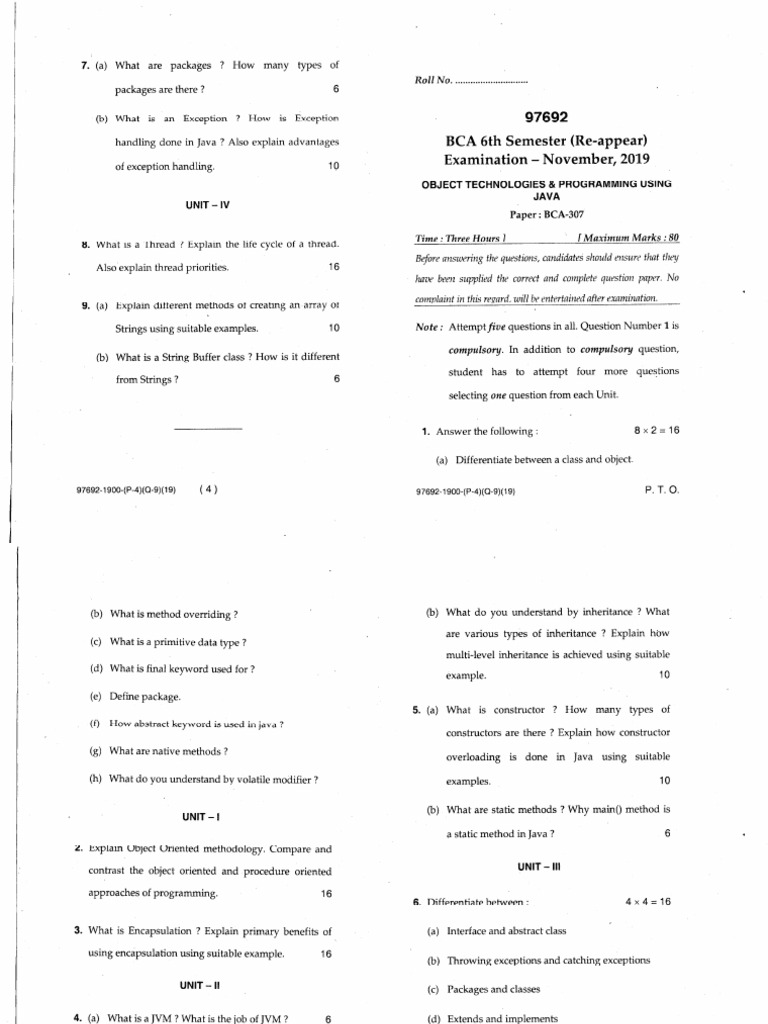 Bca 6 Sem Object Technologies and Programming Using Java 97692 Nov 2019 ...