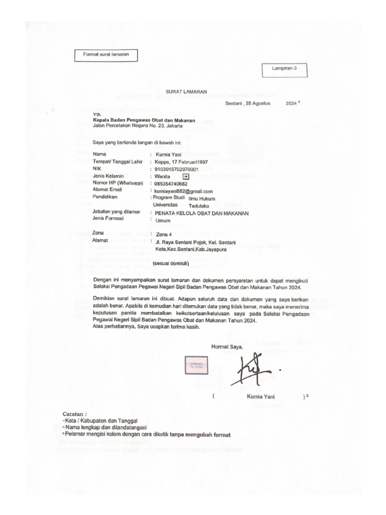 Scan Surat Lamaran Nia | PDF