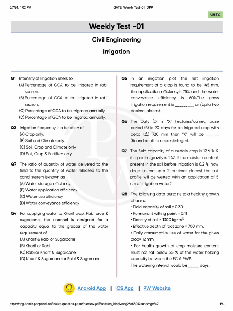 @ItzAnandXD Irrigation Weekly Test-01 Test Paper | PDF | Irrigation | Water