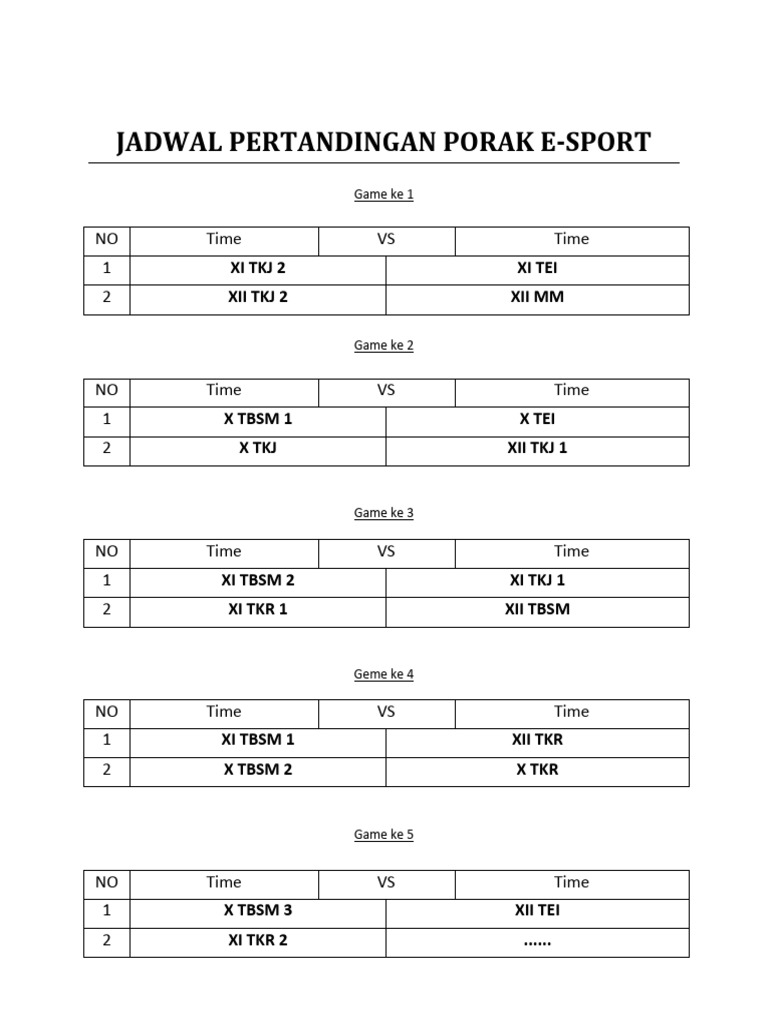 Jadwal Pertandingan Porak E-Sport | PDF