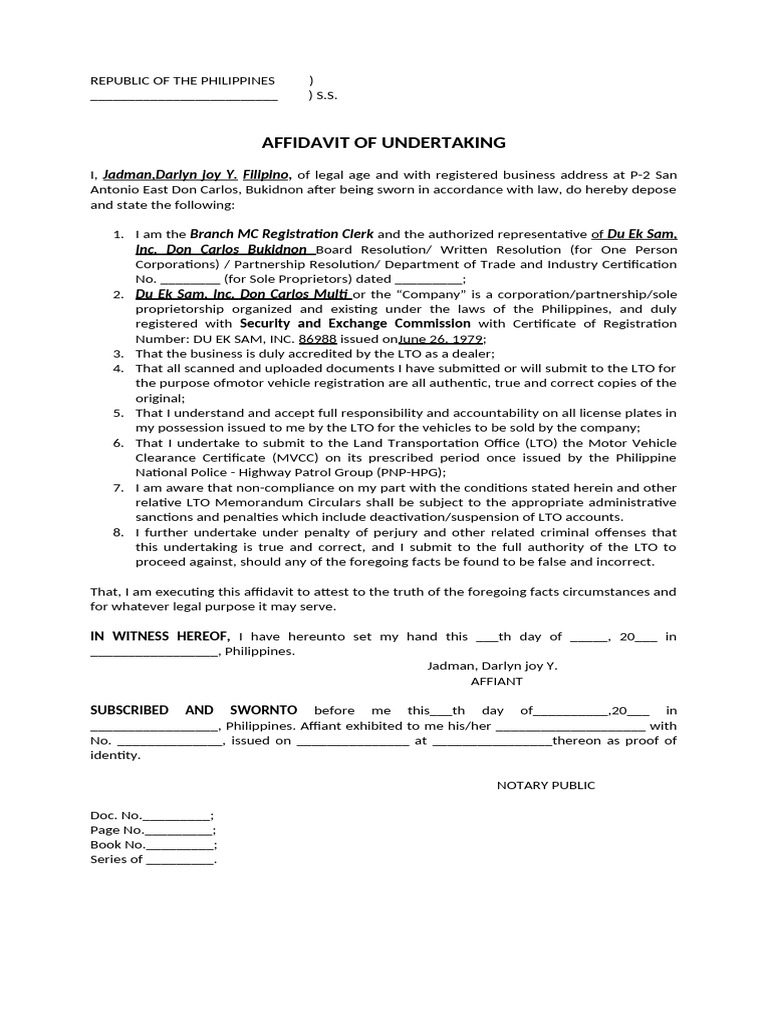 Affidavit of Undertaking for LTO Registration | PDF | Affidavit