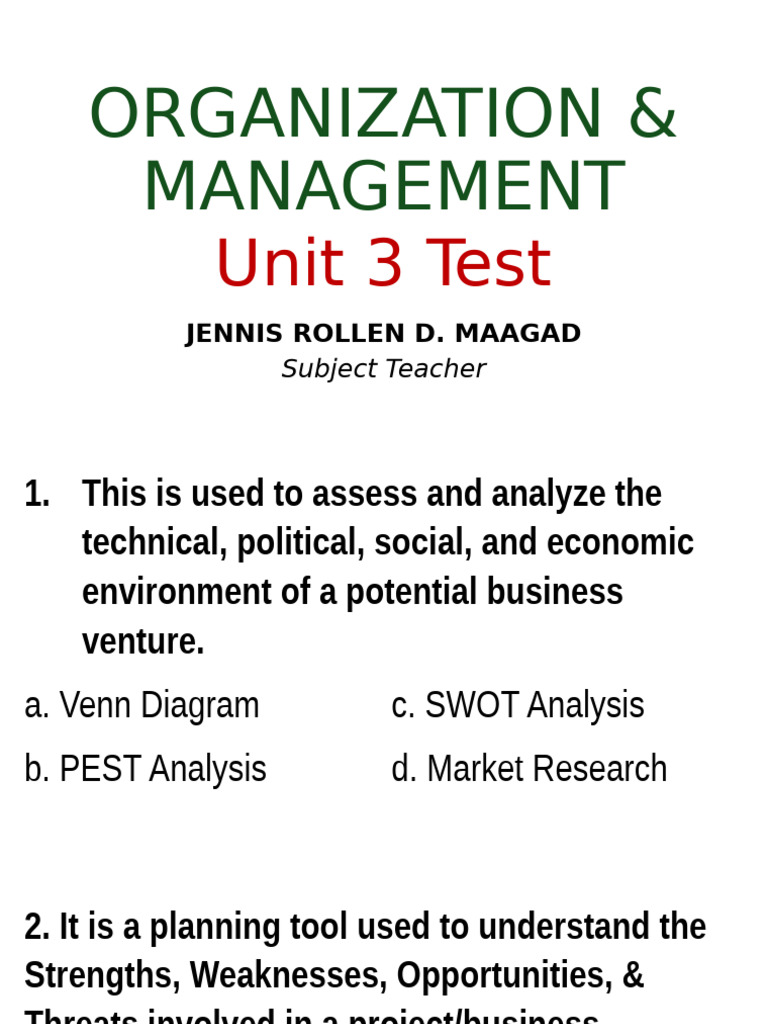 Organization & Management 3rd Unit Test | PDF | Swot Analysis ...