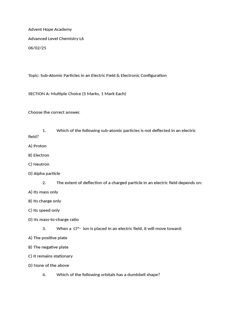 Advanced Chemistry: Sub-Atomic Particles | PDF