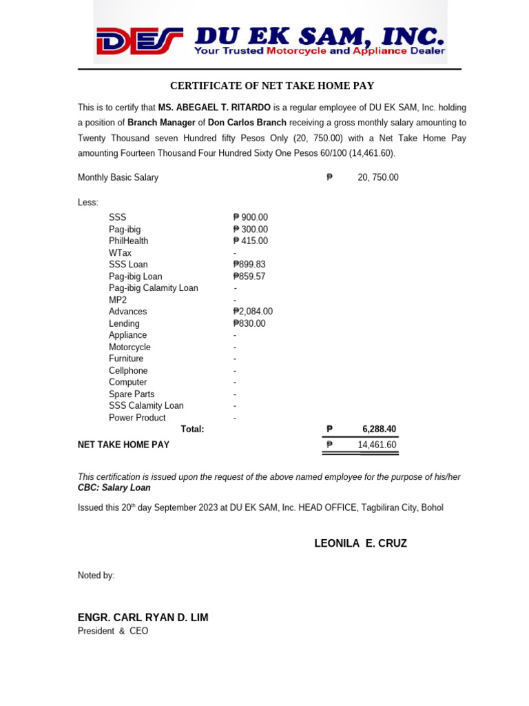 Certificate of Net Take Home Pay | PDF