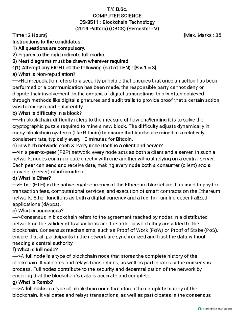 Blockchain Technology Previous Year Question Paper | PDF