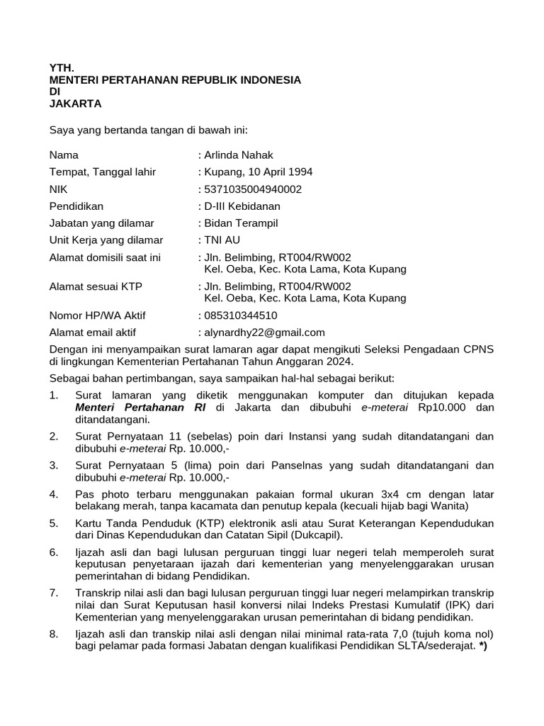 Surat Lamaran Arlinda | PDF