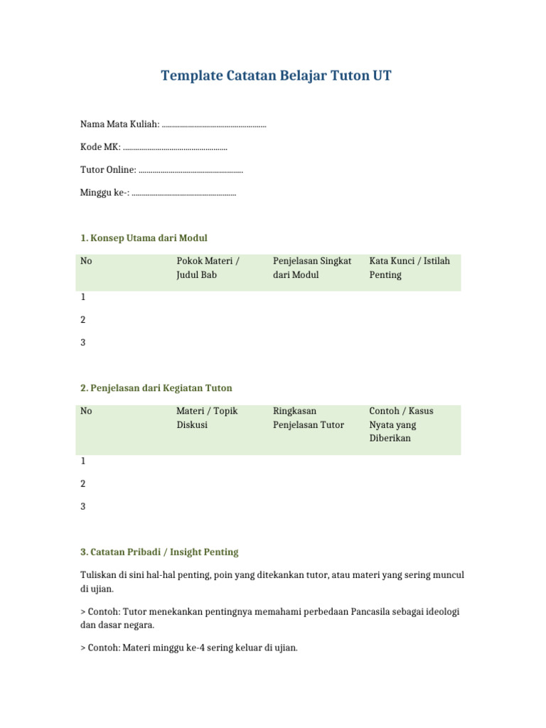 Template Catatan Belajar Tuton UT Estetik | PDF