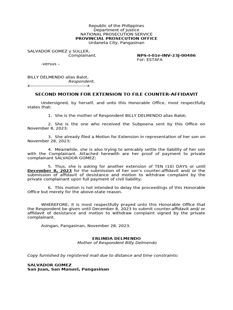 Motion for Extension in Estafa Case | PDF