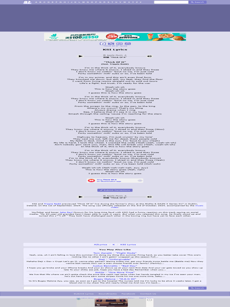 KSI - Thick of It Lyrics AZLyrics.com | PDF