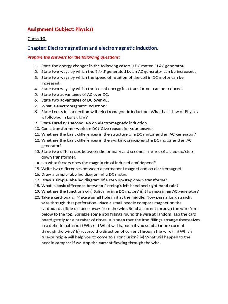 Assignment 10 (Electromagnetism and Electromagnetic Induction) | PDF