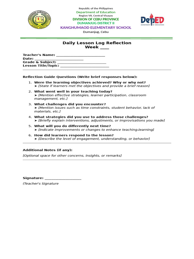 Daily Lesson Log Reflection Template | PDF | Teachers | Learning