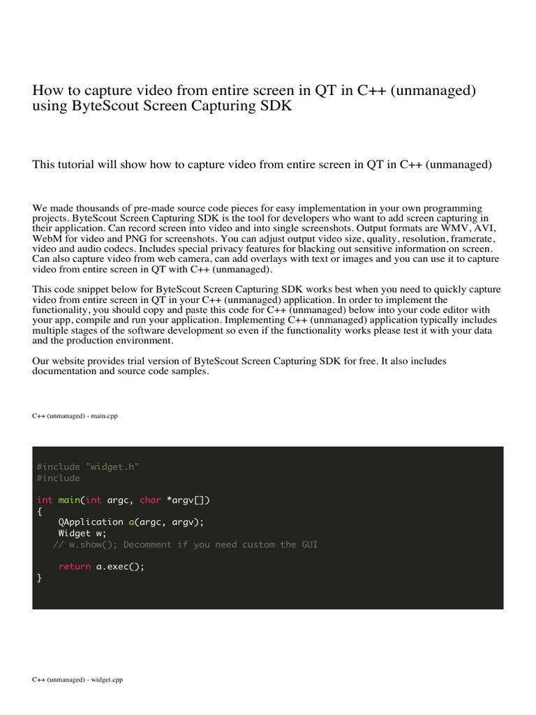 Capture Screen Video in QT C++ Guide | PDF | Screenshot | C++