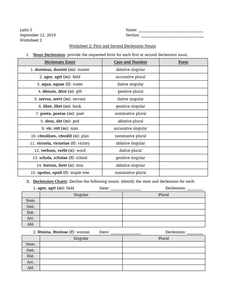 Latin First and Second Declension Worksheet | PDF | Syntactic ...
