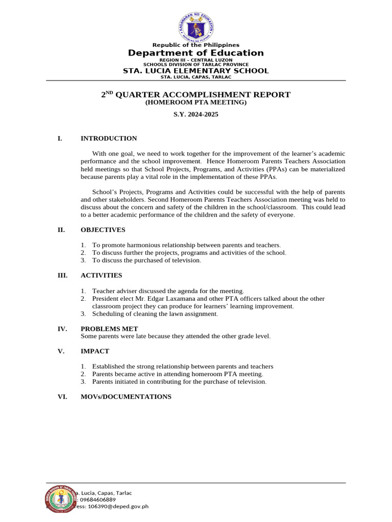 Tarlac School PTA Meeting Report 2024-2025 | PDF | Educational ...