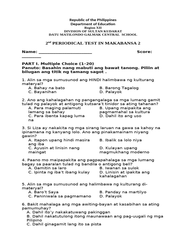 Quarter 2 Examination October 2025 Makabansa | PDF