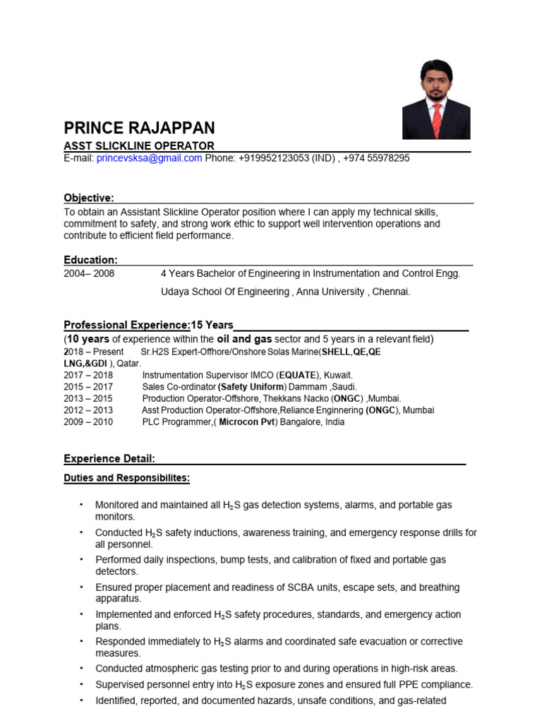 PRINCE CV (1).Docx Assistant Slickline Operator | PDF | Safety ...